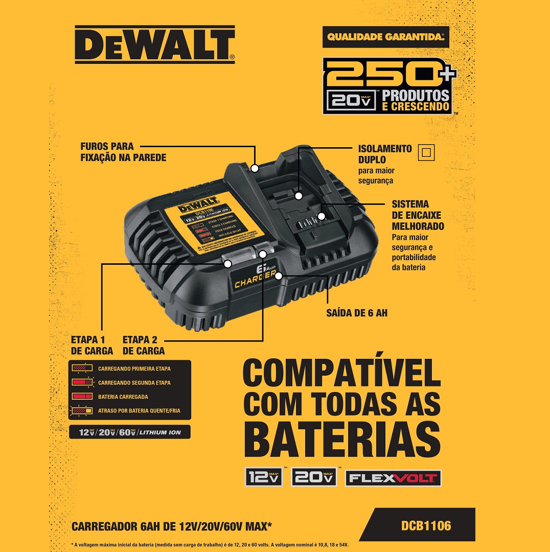 Carregador de Baterias Flexvolt 220V Para 12V 20V 60V MAX Dcb1106 Dewalt